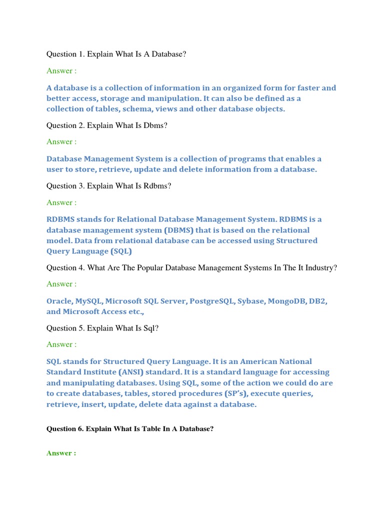 Answer:: Question 1. Explain What Is A Database? | PDF | Relational ...