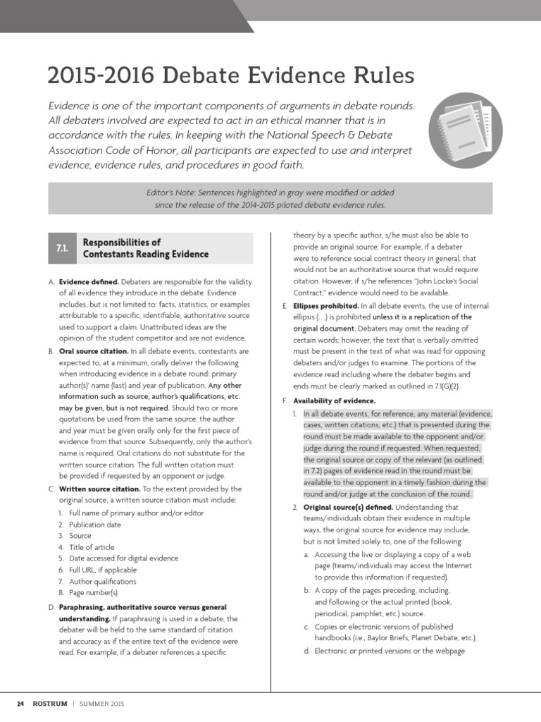 Debate Evidence Rules 2015/2016 | PDF | Evidence | Citation