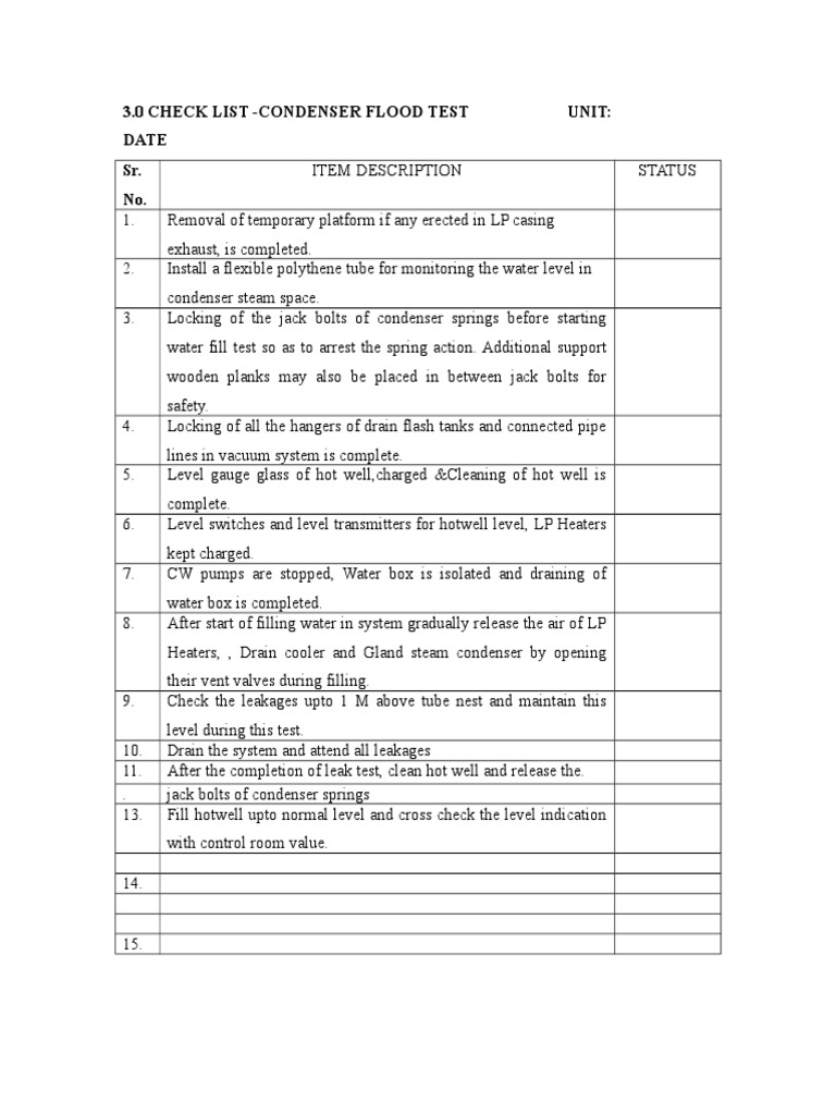 Condenser Flood Test Checklist | PDF