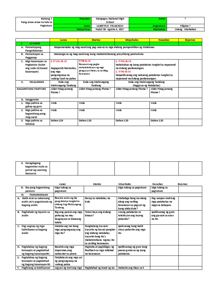 DLL-FIL7-Lesson Plan Temp. 3 A - July 30-Aug. 4 | PDF