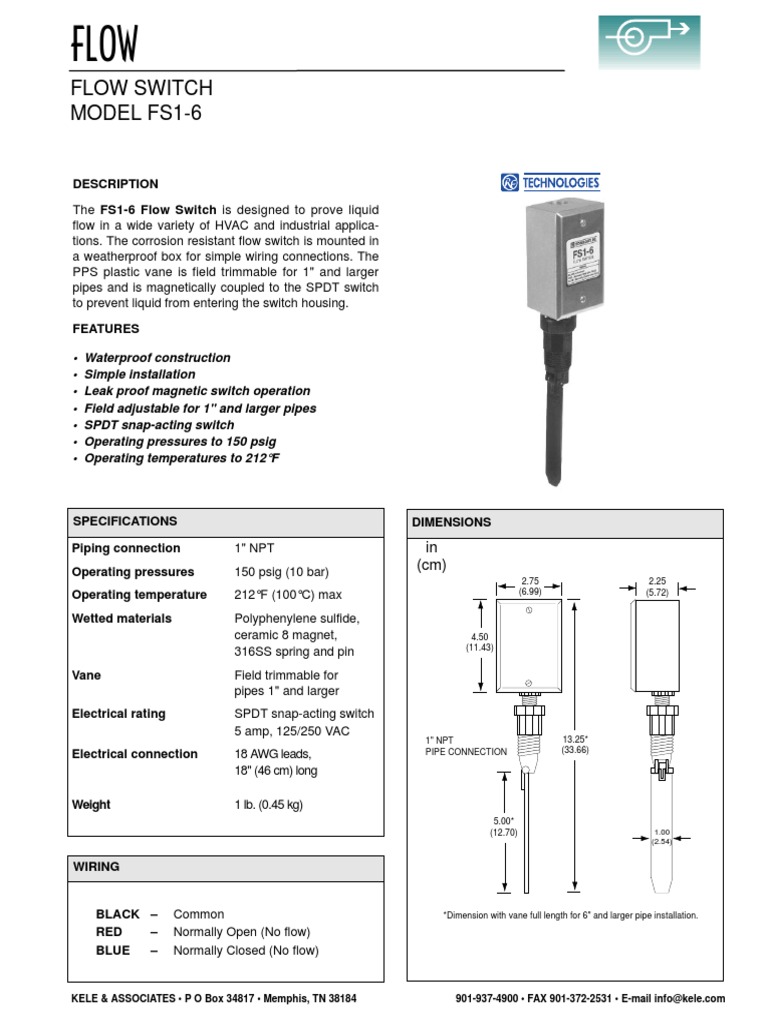 Flow Switch Model Fs1-6: in (CM) | PDF | Switch | Pipe (Fluid Conveyance)