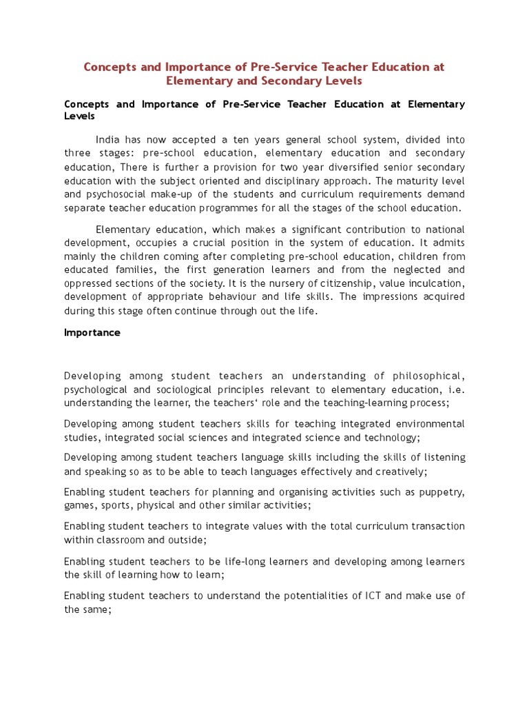 Concepts and Importance of Pre-Service Teacher Education at Elementary ...
