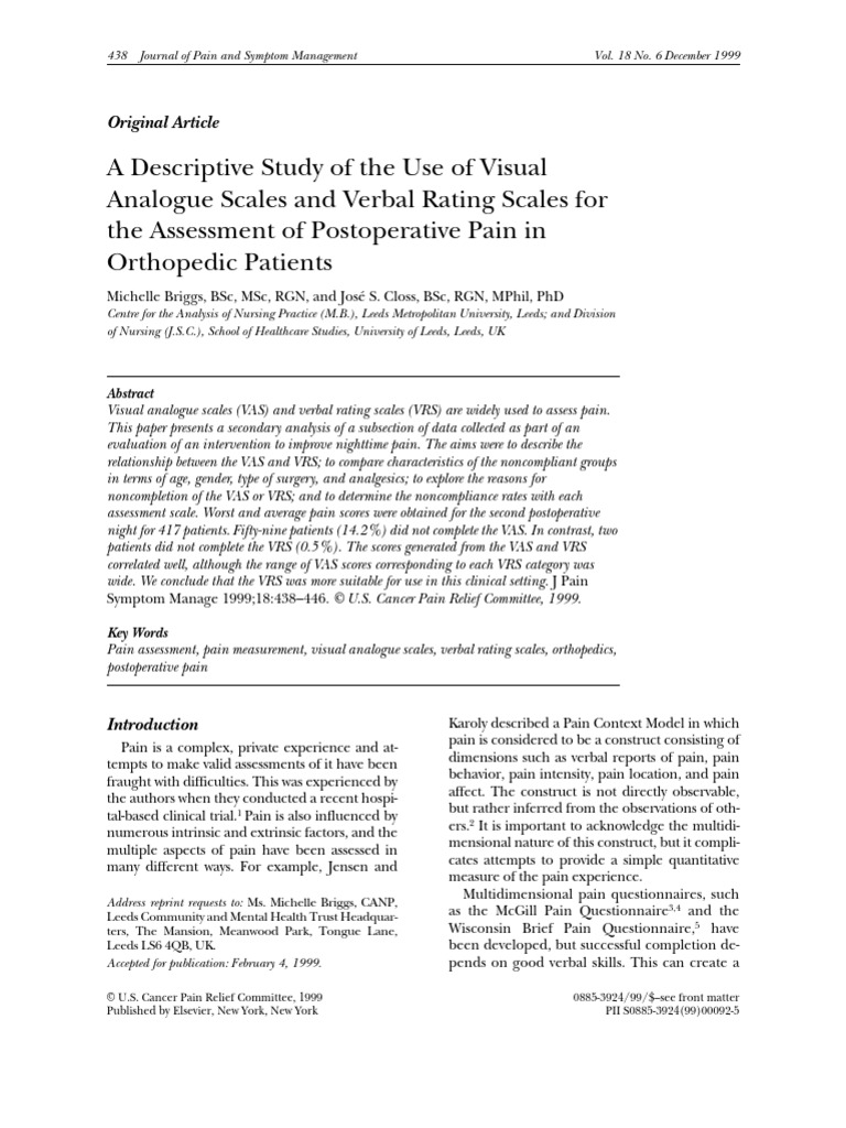 A Descriptive Study of The Use of Visual Analogue Scales and Verbal ...