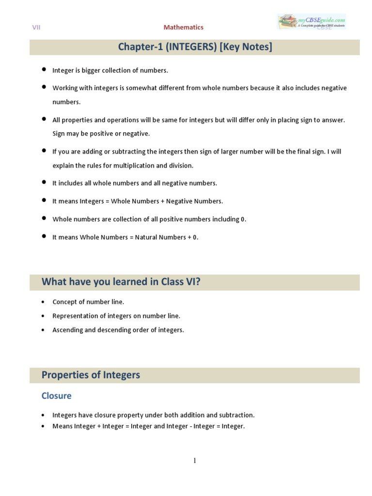 07 Mathematics CH 01 Integer Key Notes | PDF | Integer | Multiplication