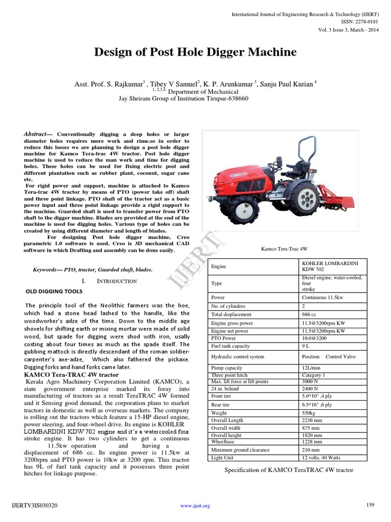 Design of Post Hole Digger Machine IJERTV3IS030320 | PDF | Tractor ...