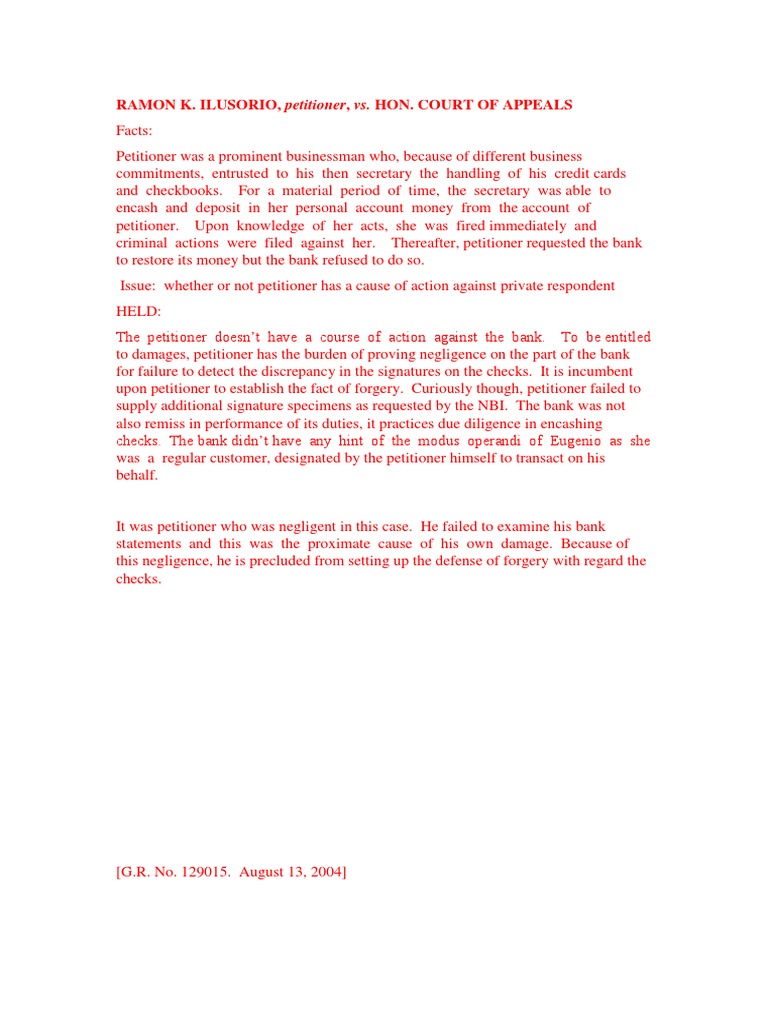 Ramon K. Ilusorio, Petitioner, vs. Hon. Court of Appeals | PDF | Cheque ...