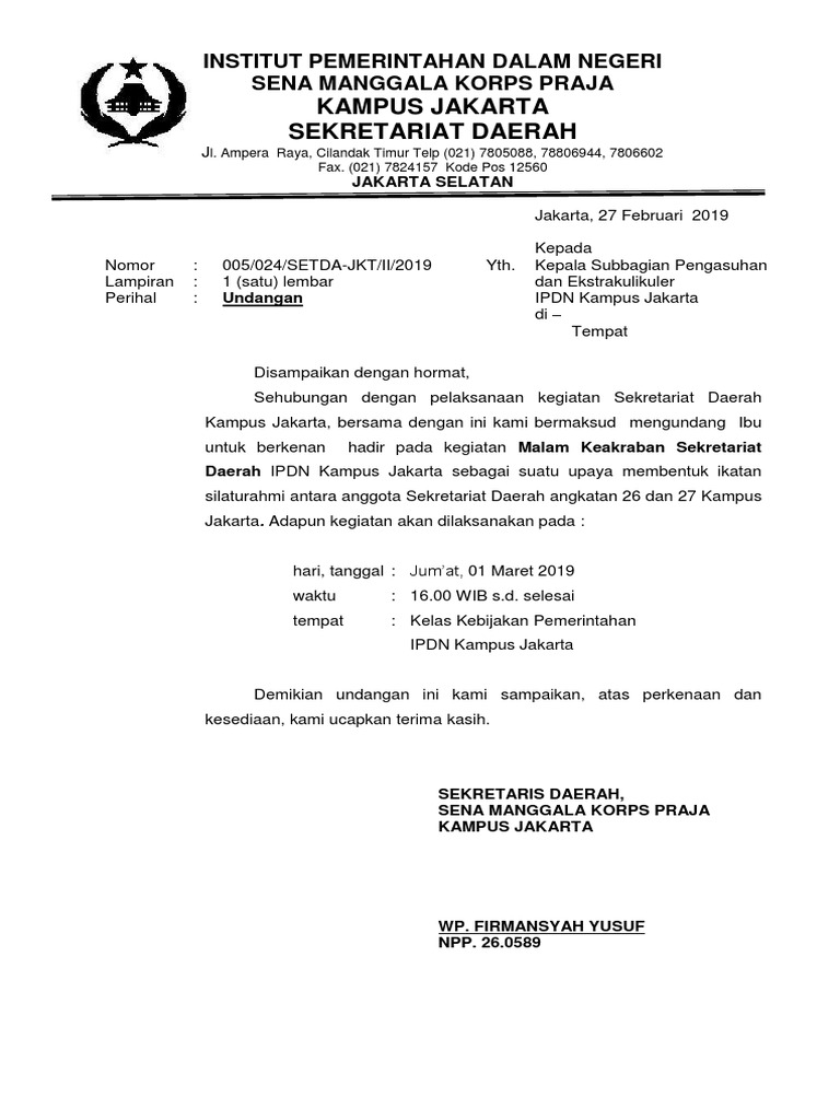 Contoh Surat Ipdn Jakarta | PDF