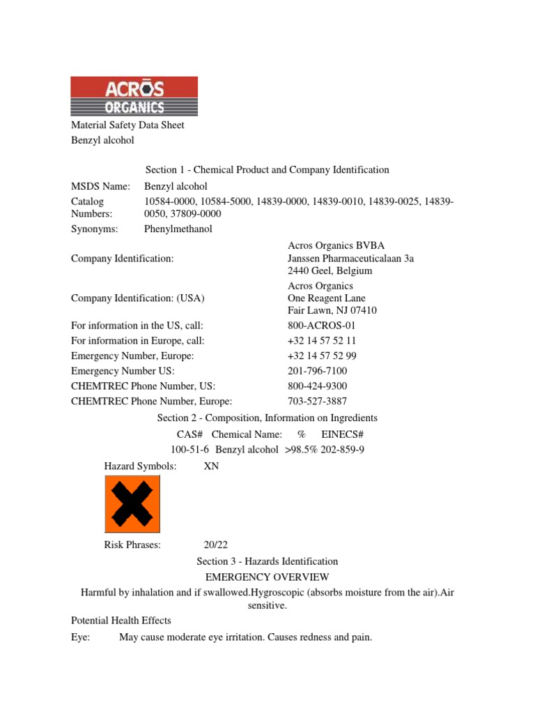 MSDS Benzyl Alcohol | PDF | Breathing | Personal Protective Equipment