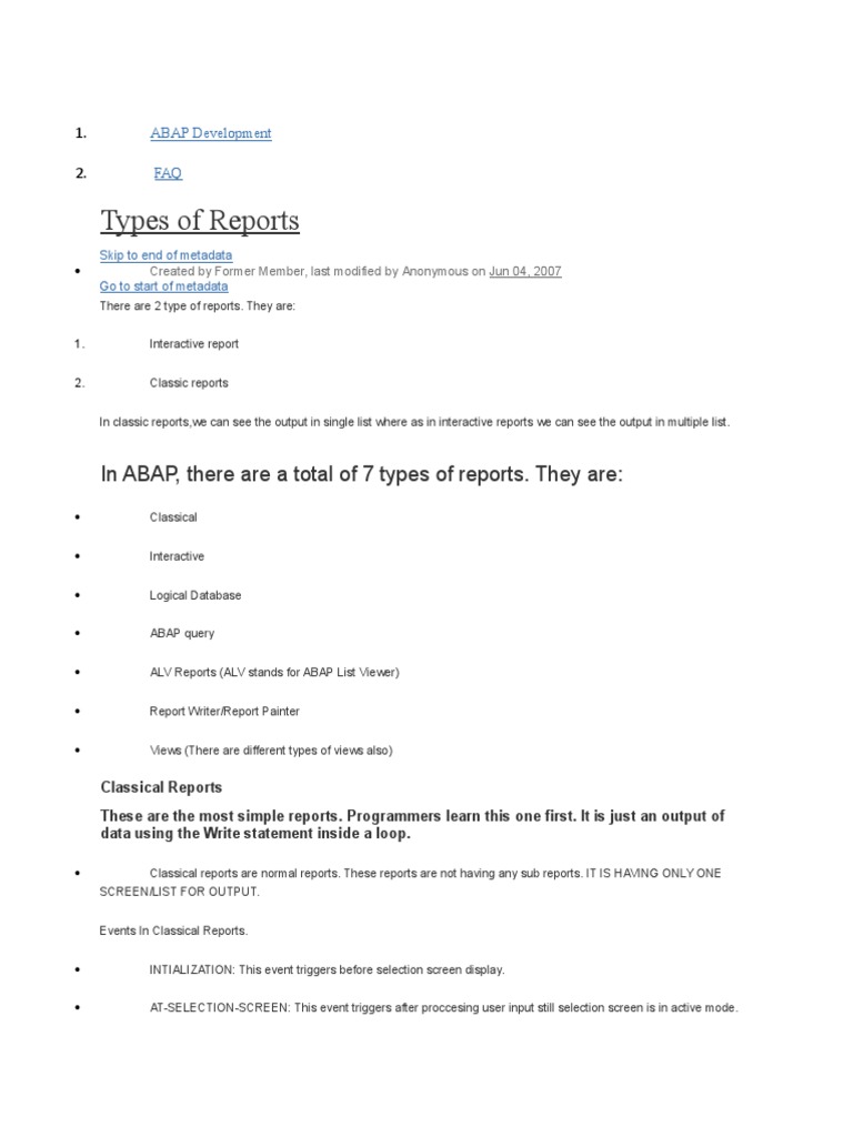 An Overview Of The Different Types Of Reports In Abap Development Pdf Subroutine Databases