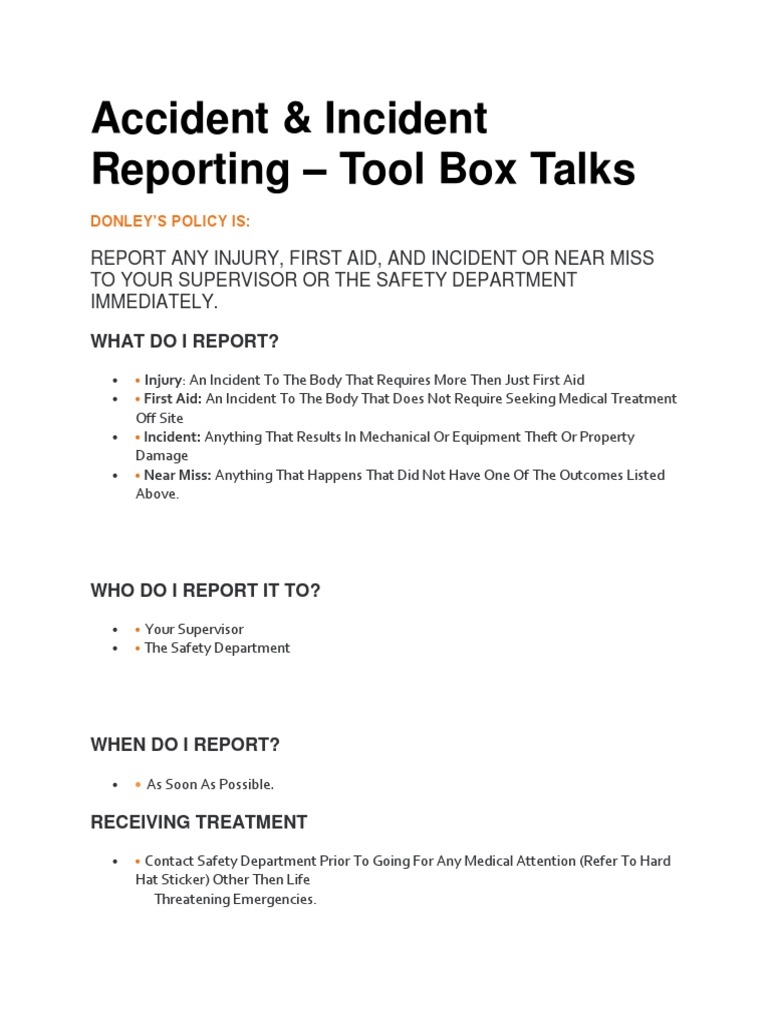 Accident & Incident Reporting - Tool Box Talks | PDF | Emergency ...