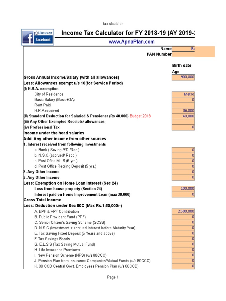 Income Tax Calculator FY 2018-19 | PDF | Personal Finance | Taxes