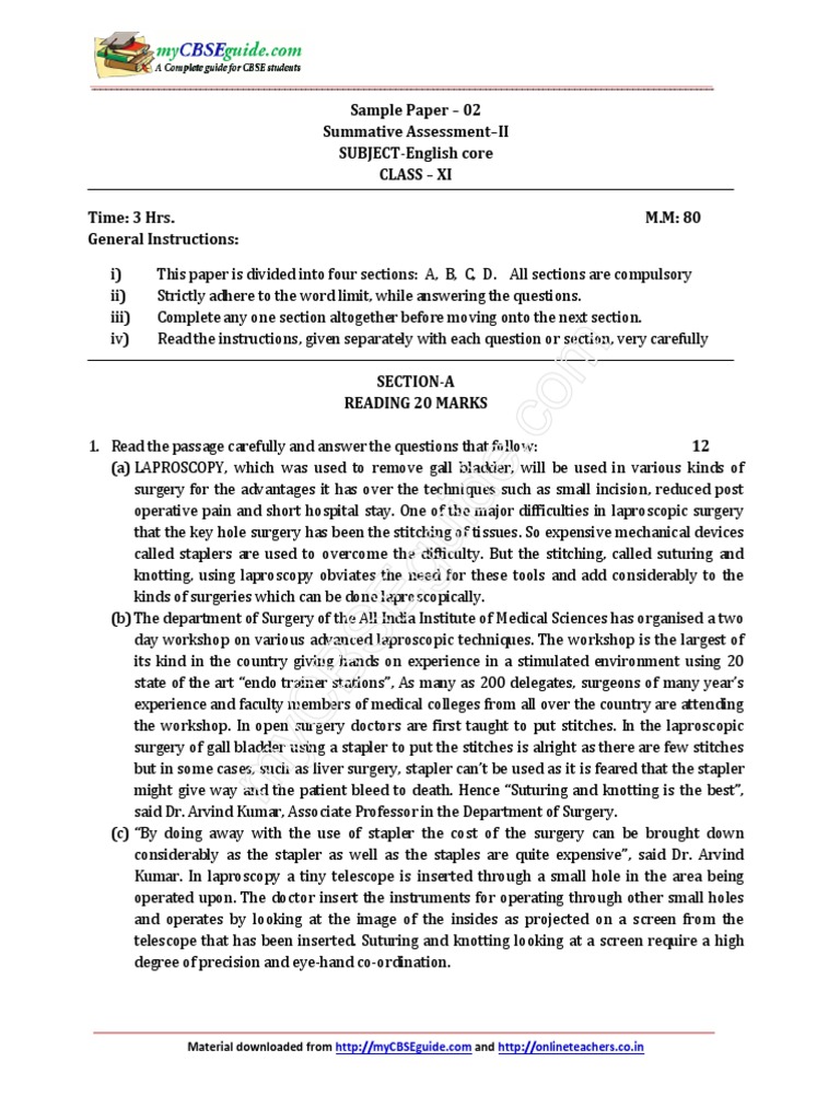 Sample Paper - 02 Summative Assessment-II SUBJECT-English Core Class - Xi Time: 3 Hrs. M.M: 80 ...