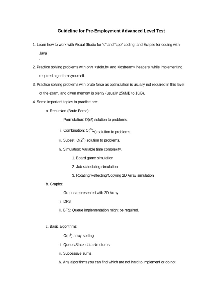 Guideline For Pre Employment Advanced Level Test Takers Google Docs ...