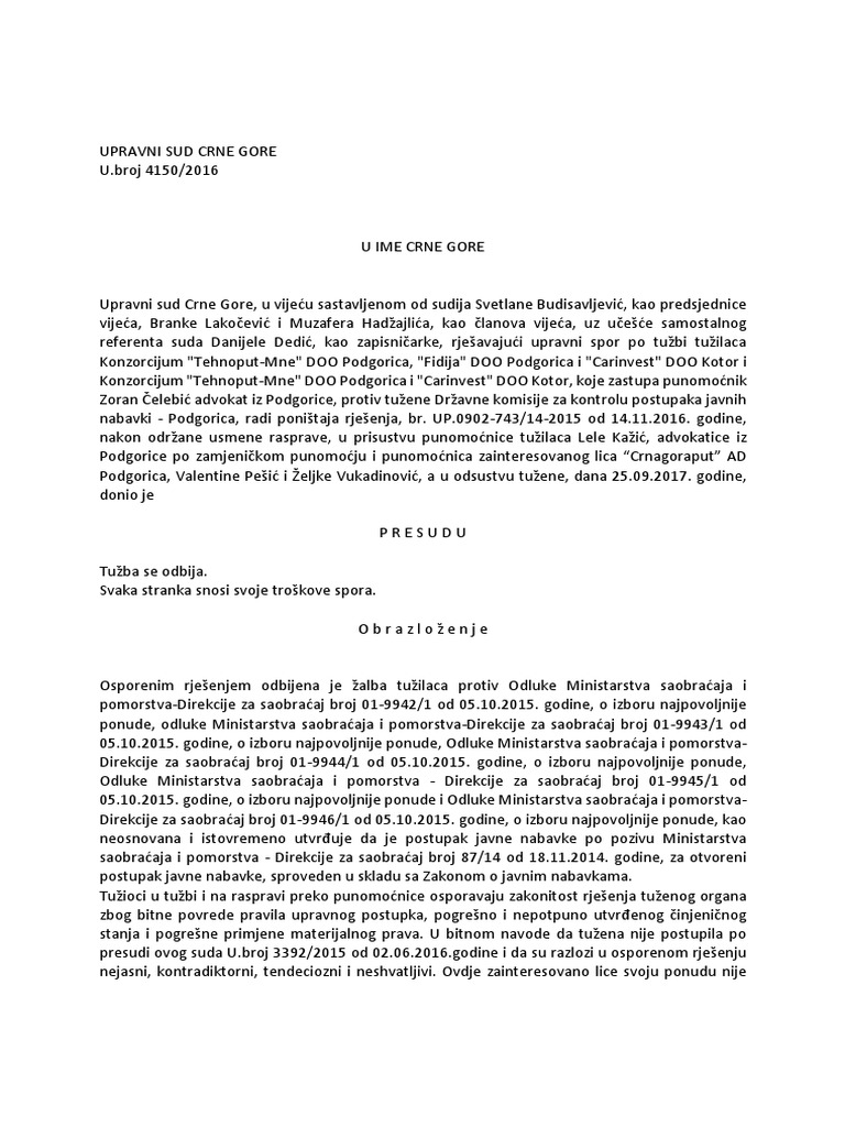 UPRAVNI SUD CRNE GORE - Presuda | PDF