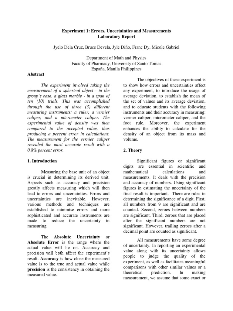 Experiment 1: Errors, Uncertainties and Measurements Laboratory Report | PDF | Accuracy And ...