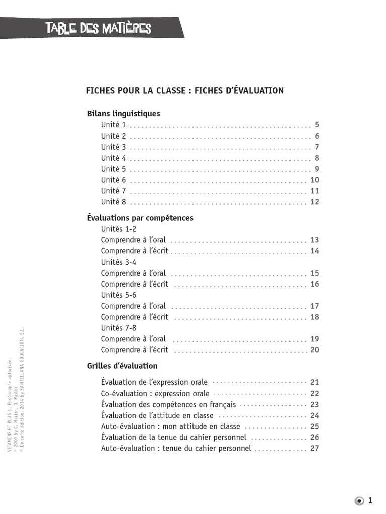 Table Des Matières: Fiches Pour La Classe: Fiches D'Évaluation | PDF