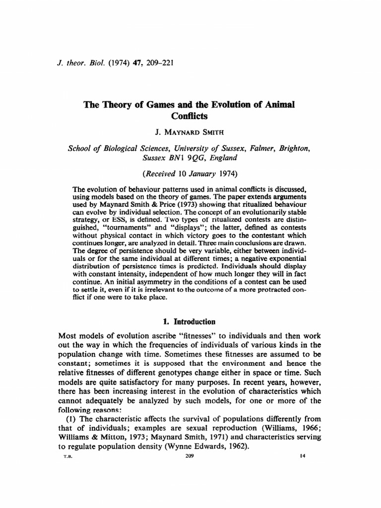 The Theory of Games and The Evolution of Animal Conllkts | PDF | Game ...