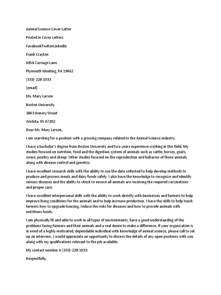 Animal Science Cover Letter | PDF