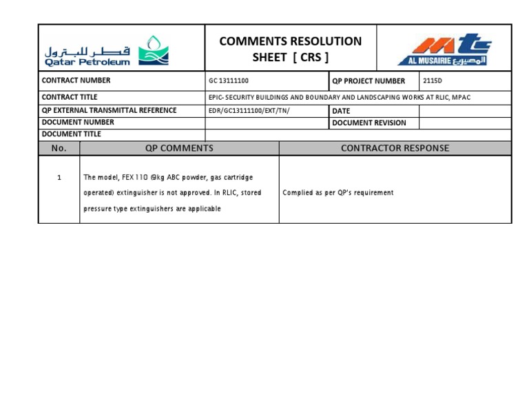 Comments Resolution Sheet | PDF