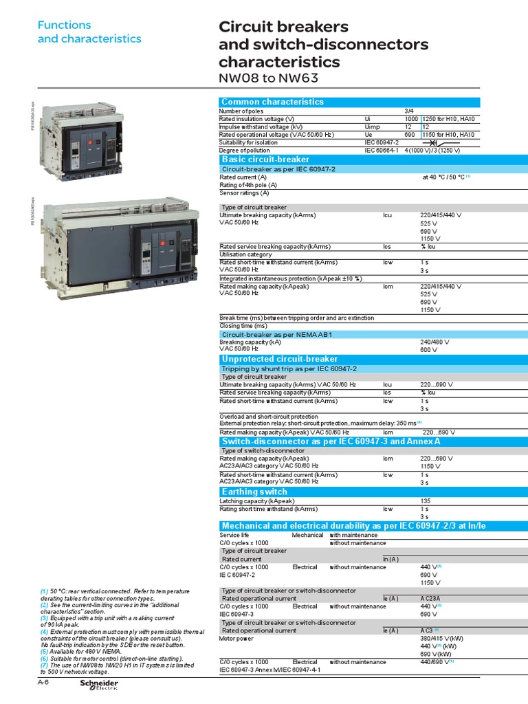 Circuit Breaker Specs NW08-NW63 | PDF | Electromagnetism | Electrical Engineering