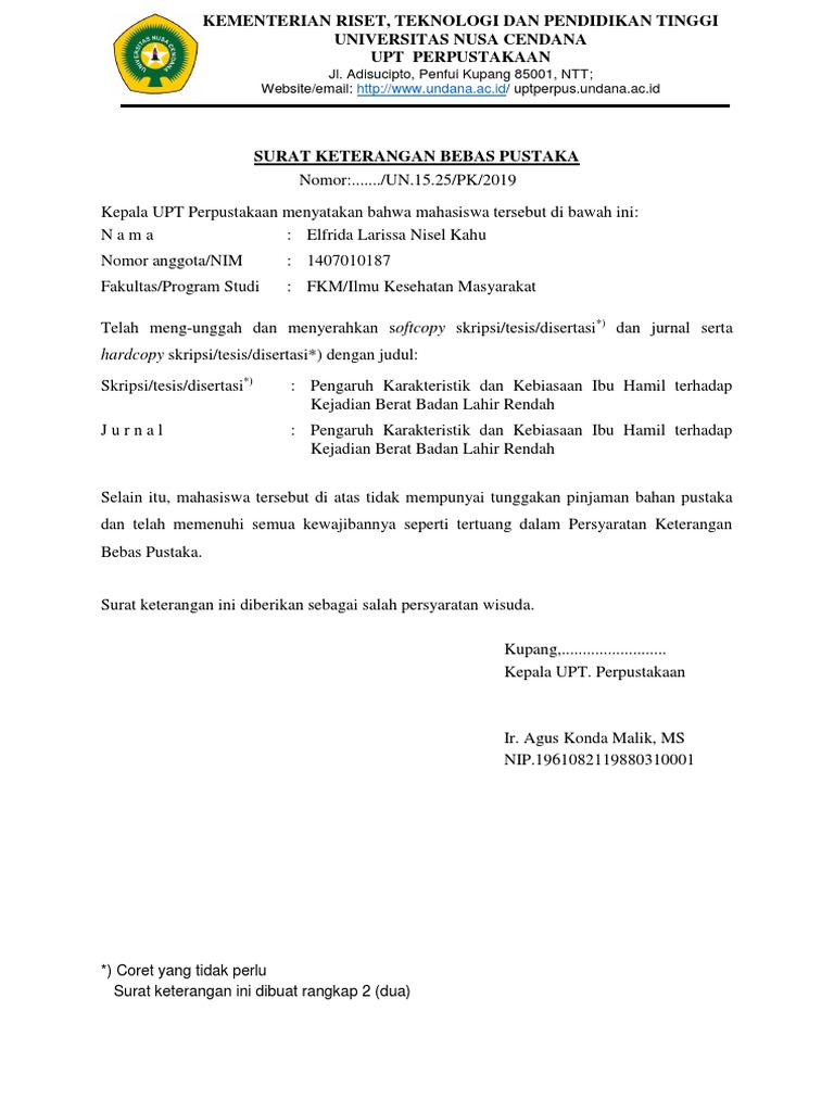 Form Surat Keterangan Bebas Pustaka Untuk Calon Wisudawan | PDF