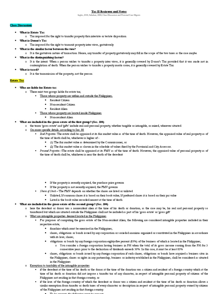 Tax II Reviewer and Notes | PDF | Estate Tax In The United States ...