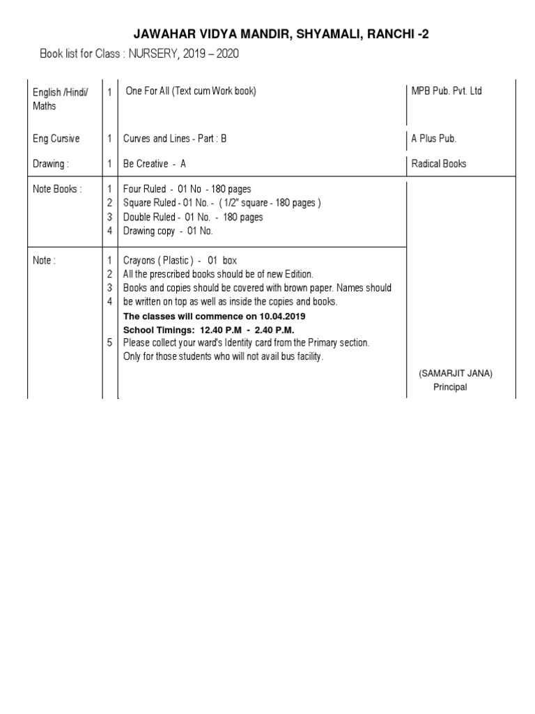 JVM Shyamali 2019-20 Booklist | PDF