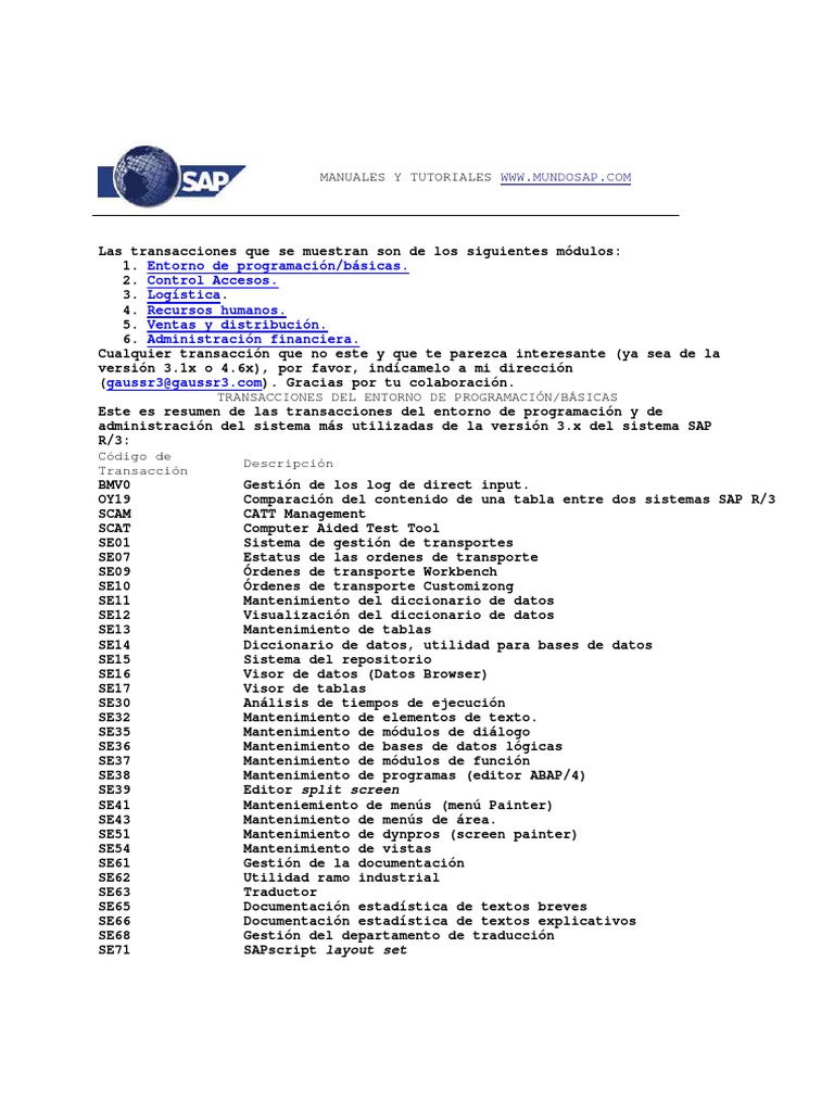 Transacciones SAP R/3 por Módulo | PDF | Tecnologías de la información ...