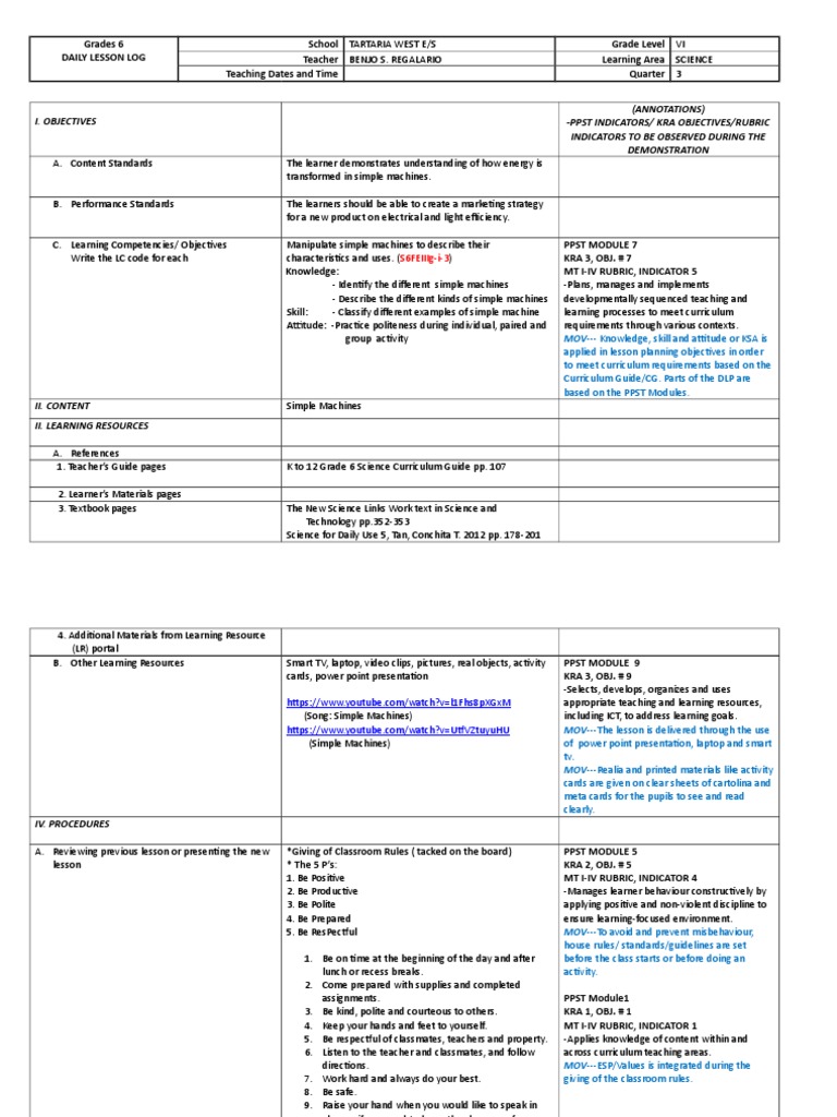 Cot Dlp Science 6-Simple Machines With Annotations (1) | Learning | Curriculum