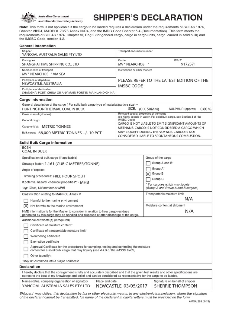 Shipper'S Declaration: Please Refer To The Latest Edition of The Imsbc ...