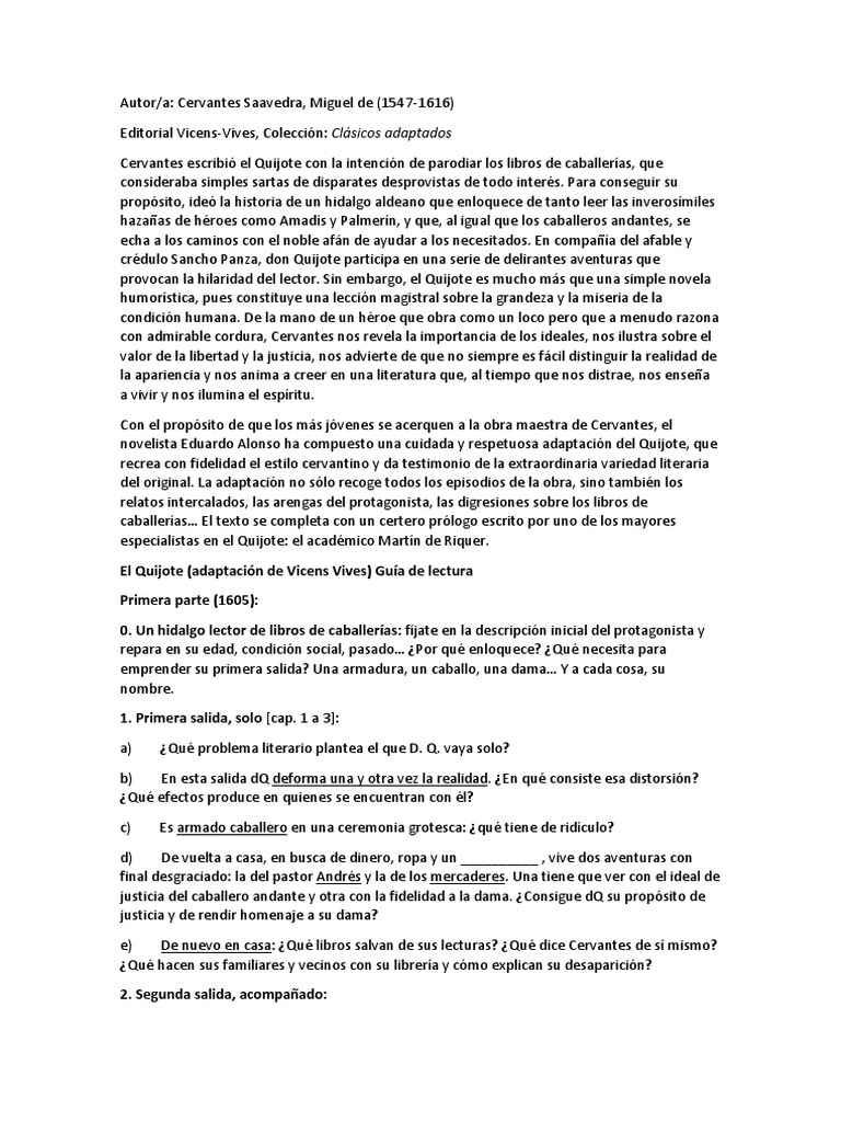 Guía Lectura D. Quijote | PDF | Don Quijote | Miguel De Cervantes