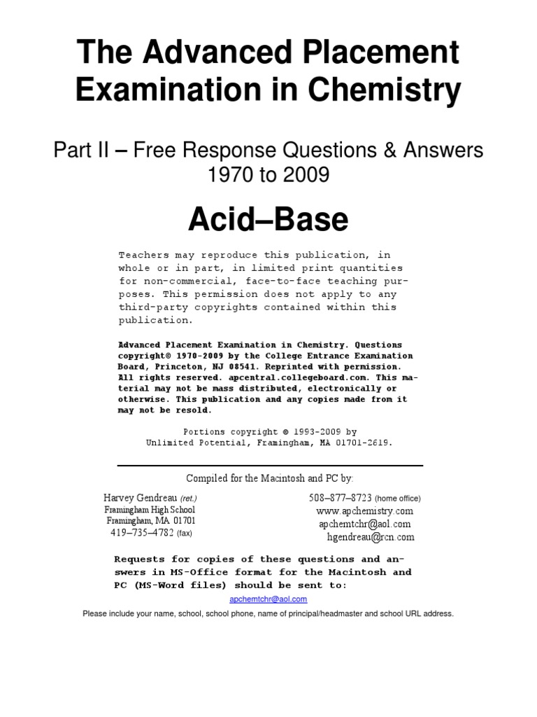 Acid-Base FRQ 1970-2009 WTH Ans | PDF | Acid | Ph