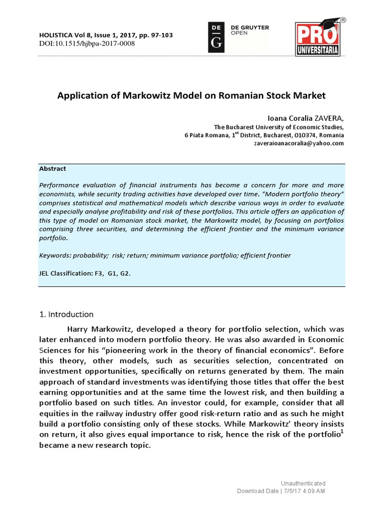 Application of Markowitz Model On Romanian Stock M | PDF | Diversification (Finance) | Standard ...