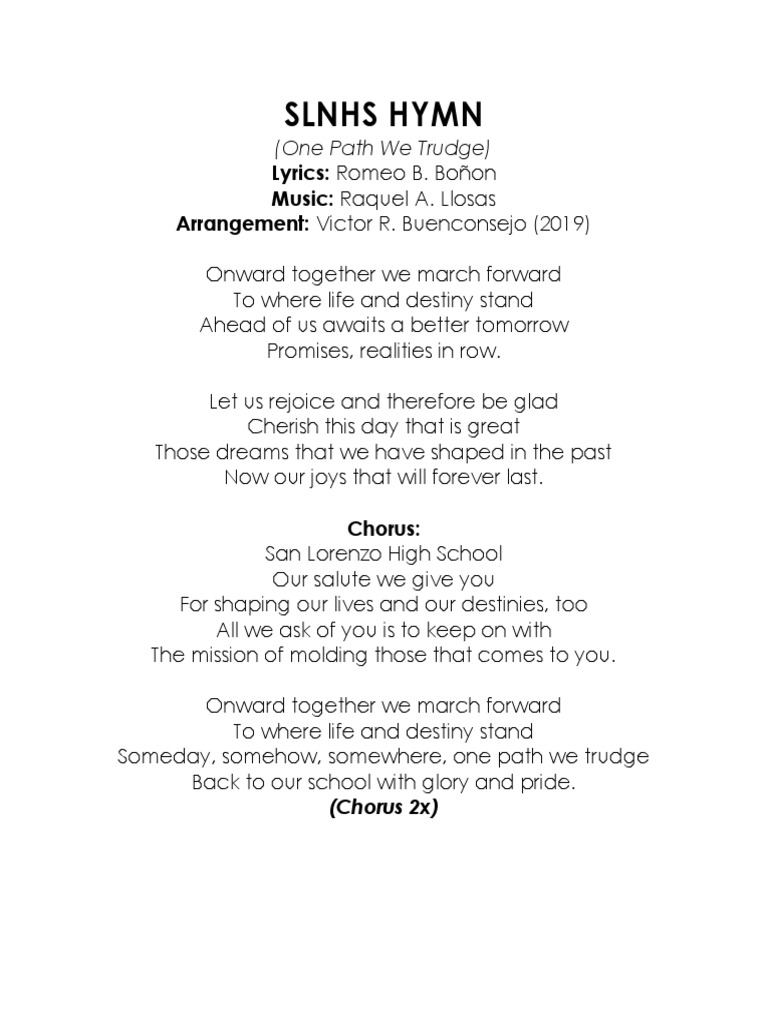 Slnhs Hymn: Lyrics: Romeo B. Boñon Music: Raquel A. Llosas Arrangement ...