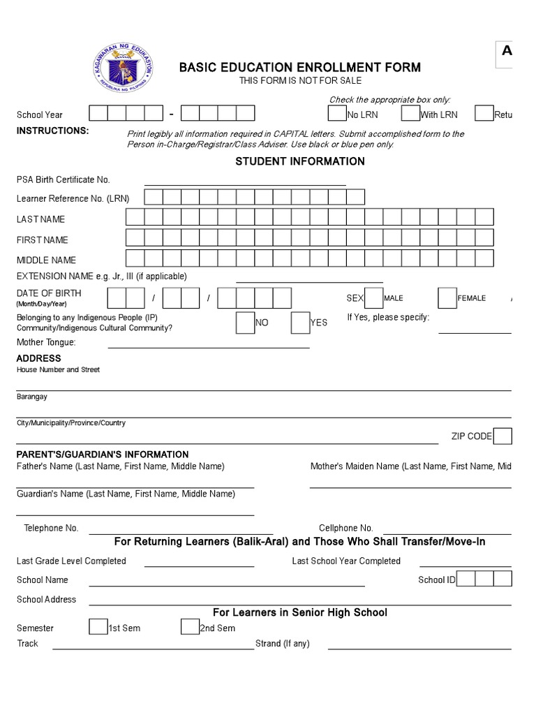 Basic Education Enrollment Form - 2018 | PDF | Birth Certificate ...