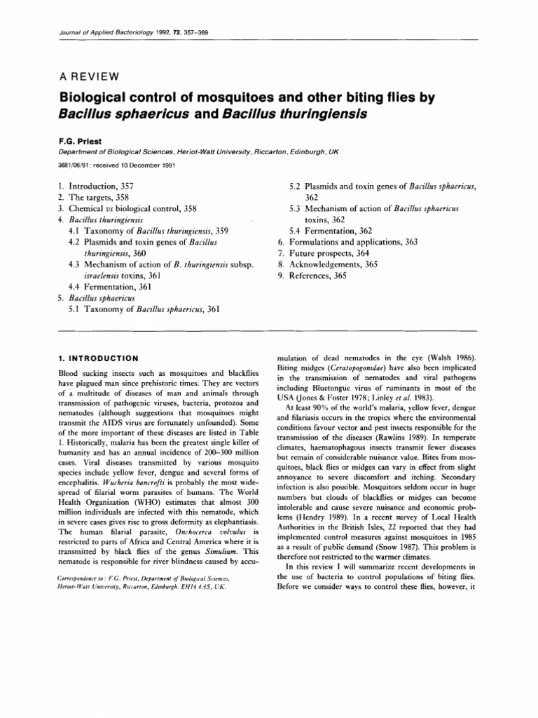 Biological Control Of Mosquitoes And Other Biting Files By Bacillus Sphaericus And Bacillus