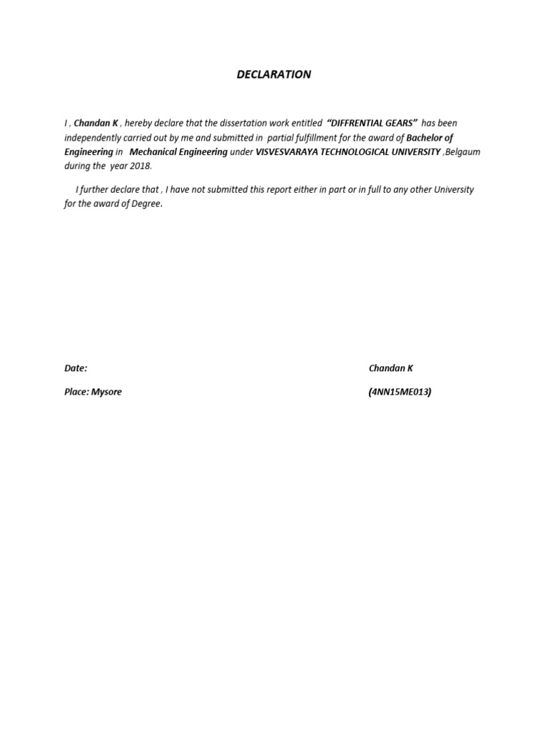 Declaration: Engineering in Mechanical Engineering Under VISVESVARAYA ...