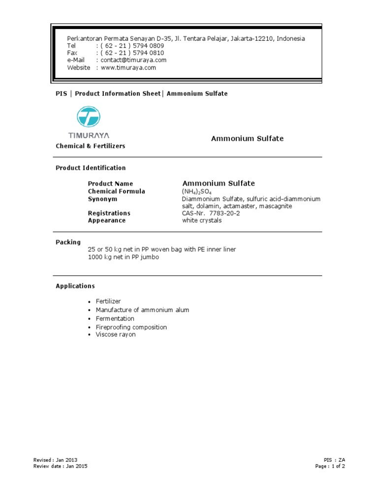 PIS Product Information Sheet Ammonium Sulfate | PDF