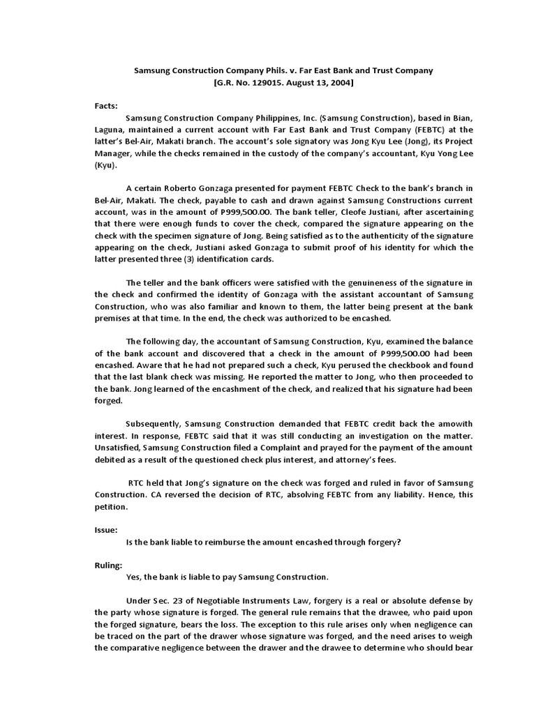 Samsung Construction Company Vs FEBTC | PDF | Negotiable Instrument | Forgery