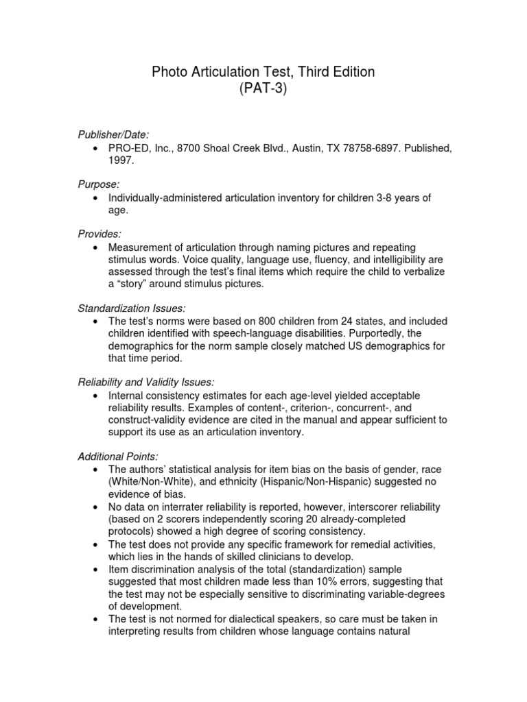Photo Articulation Test, Third Edition (PAT-3) : Publisher/Date | PDF ...