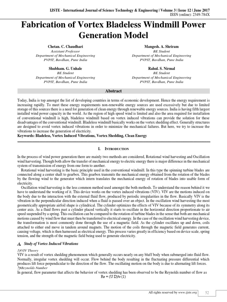 Fabrication of Vortex Bladeless Windmill Power Generation Model | PDF ...