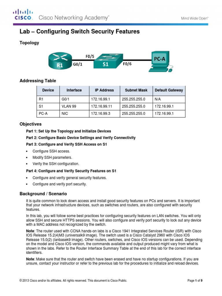 Lab - Configuring Switch Security Features: Topology | PDF | Secure Shell | Hypertext Transfer ...