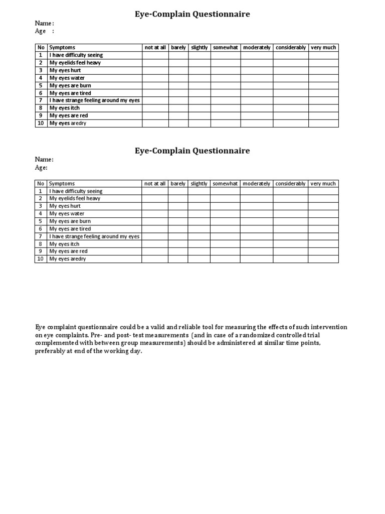 Eye Complaint Questionnaire | PDF | Neuroscience | Clinical Psychology
