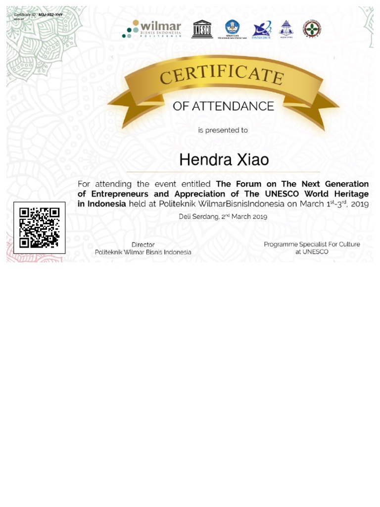 Hendra Xiao: Certificate ID: M3J-9S2-YHY | PDF