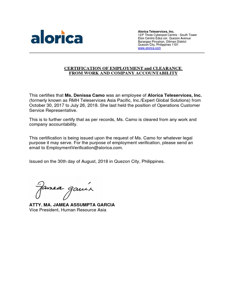 Certification of Employment and Clearance From Work and Company ...