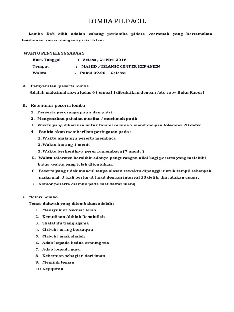 Juknis Lomba Pildacil 2016 | PDF