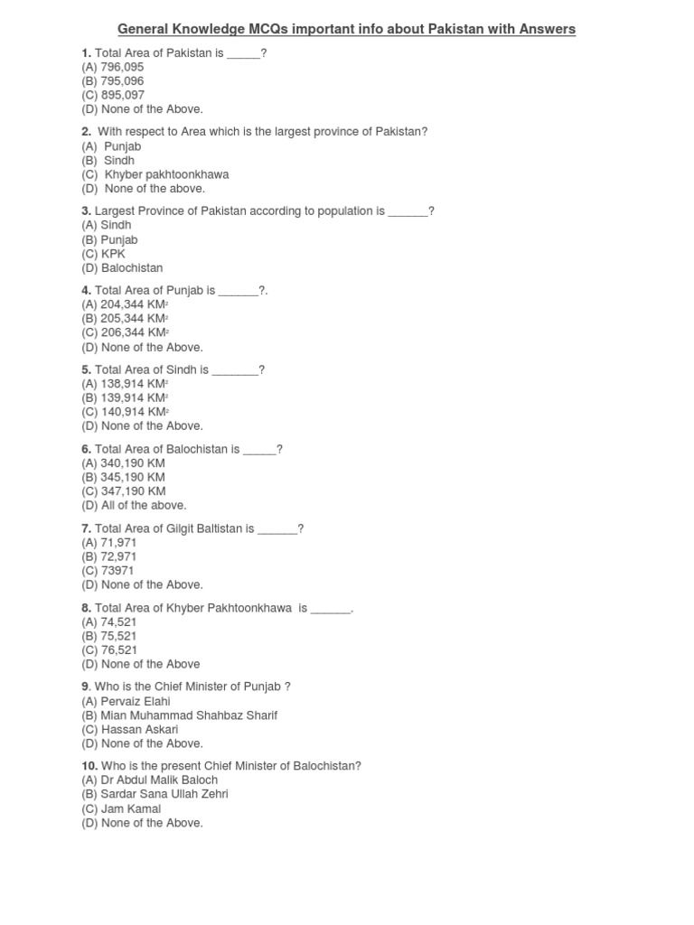 General Knowledge MCQs Important Info About Pakistan With Answers | PDF ...
