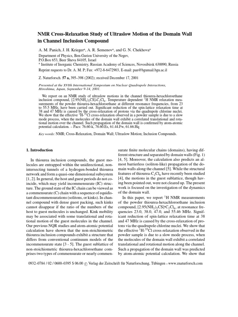 NMR Cross-Relaxation Study of Ultraslow Motion of The Domain Wall in ...