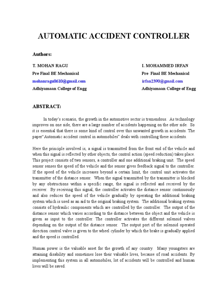 Automatic Accident Controller | PDF | Valve | Brake
