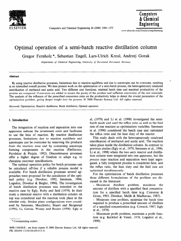 Optimal Operation of A Semi-Batch Reactive Distillation Column (2000) | PDF | Catalysis ...